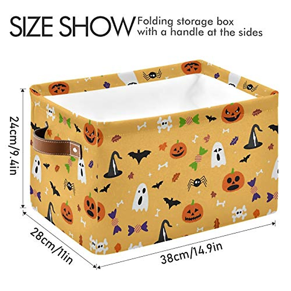 Qilmy Halloween Pumpkin Storage Basket Storage Bin Organizer Basket, Foldable Handmade Rectangular Storage Box with Handles - Large Organizer for Home, 15L x 11W x 9.5H in (1PC)