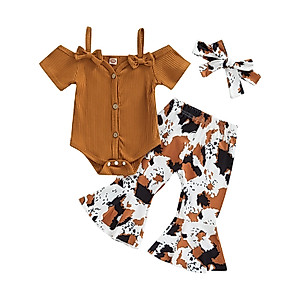 Lefyira Cow Print Bell Bottoms Baby Girl Off Shoulder Short Sleeve Romper Rib Knit Button Bodysuit Flare Pants Headband Outfit (Brown, 0-6 Months)