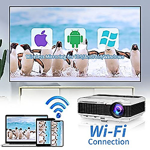 Smart Projector with Bluetooth WiFi, 8000 Lumen Home Theater Projector with 200" Display Video Gaming, Outdoor Movie Android Projector Zoom Wireless Mirroring for Phone HDMI DVD TV Stick Laptop PC USB