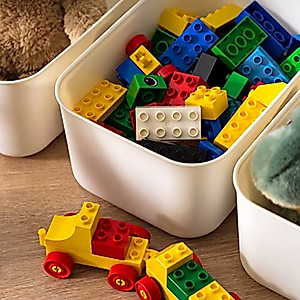 IRIS USA Plastic Modular Basket Bin & Lid, Small, 4-Pack, Stackable Lidded Storage Organizer Bins for-Kitchen-Bathroom and Bedroom, OFF White