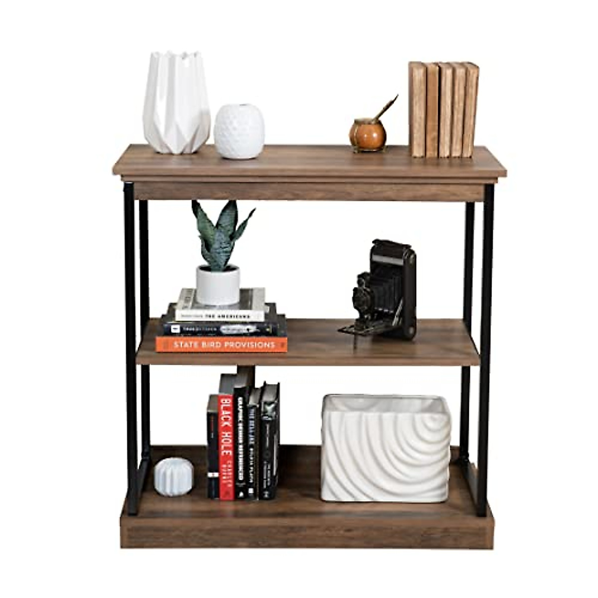 Danya B. Oslo Contemporary Industrial Horizontal 3-Tier Etagere Bookshelf – Standing Open 3-Shelf Bookcase Unit – Black Iron Metal & Maple Finish