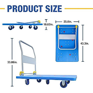 Saranya 18 Shop New Blue Flatbed Cart Hand Truck 1320 Lbs Capacity Trolley Heavy Duty Steel Push 360° Swivel Wheels Industrial Moving Transport Platform Workshops Supermarket 41" L x 34" W x 24" H