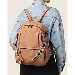 FADEON Leather Laptop Backpack Purse for Women Small Designer Laptop Bag,Multi-Pockets Travel Ladies Shoulder Bag Brown