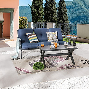 LOKATSE HOME Outdoor Patio Cushioned Loveseat 3 Seats Sofa Bench with Metal Coffee Table, Blue