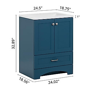 Spring Mill Cabinets Emlyn 24 Inch Bathroom Vanity with White Single Sink Top, 2-Door Cabinet, 1 Drawer, 24.5" W x 18.75" D x 32.89" H, Admiral Blue