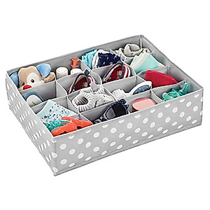 mDesign Soft Fabric Dresser Drawer and Closet Storage Organizer for Child/Kids Room and Nursery - Large 16 Section Organizer - Polka Dot Print - Light Gray/White
