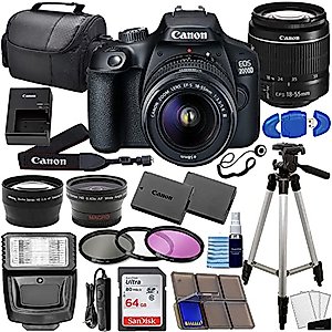 Camera EOS 2000D (Rebel T7) DSLR with 18-55mm f/3.5-5.6 3 Lens Kit Bundled with + 64GB Memory Card, Extra Battery, 3PC Filter Kit, Tripod, Case + Complete Photo Bundle - International Model