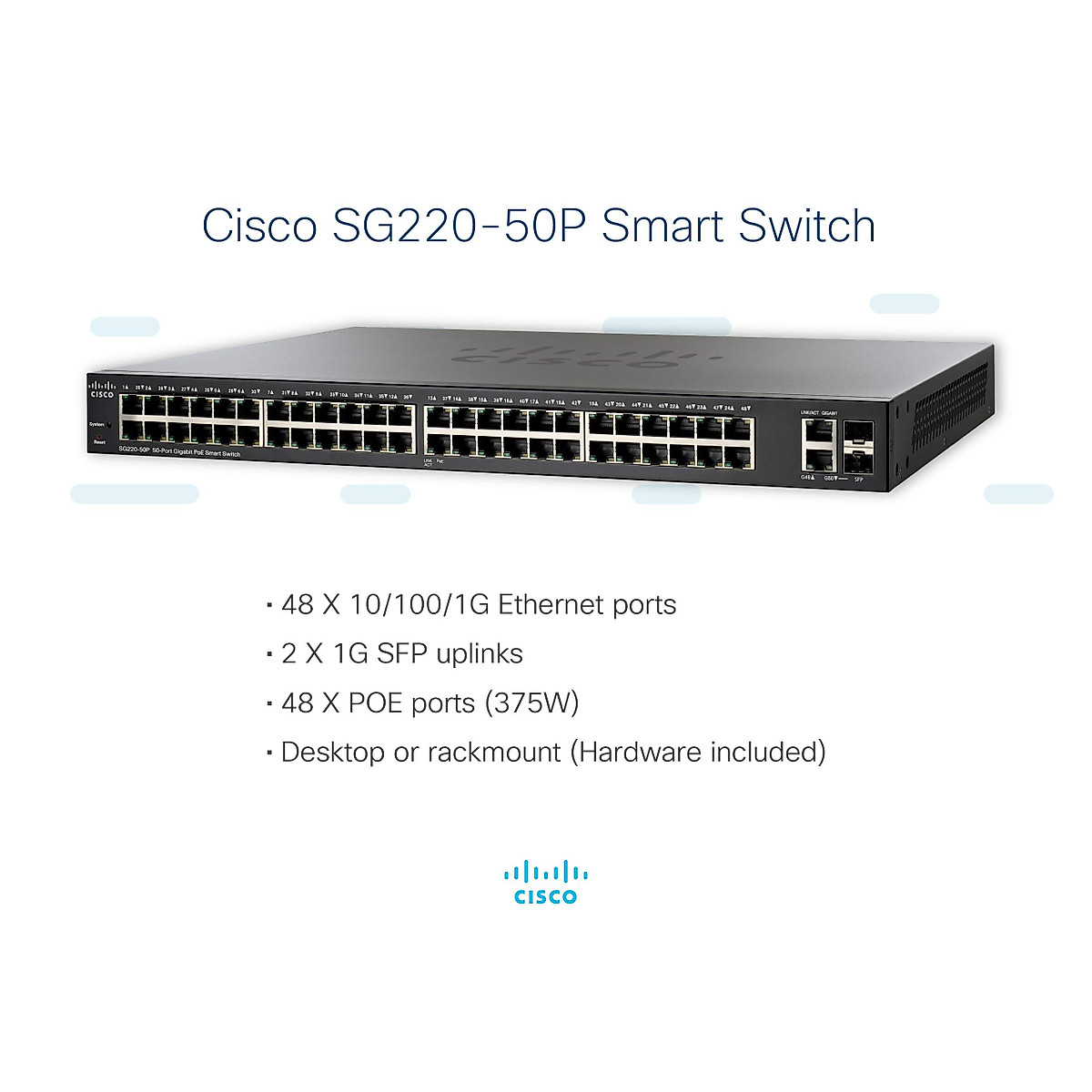 Cisco SG220-50P Smart Switch | 50 Gigabit Ethernet (GbE) Ports | 2 Gigabit Ethernet Combo | 375W PoE | Limited Lifetime Protection (SG220-50P-K9-NA)