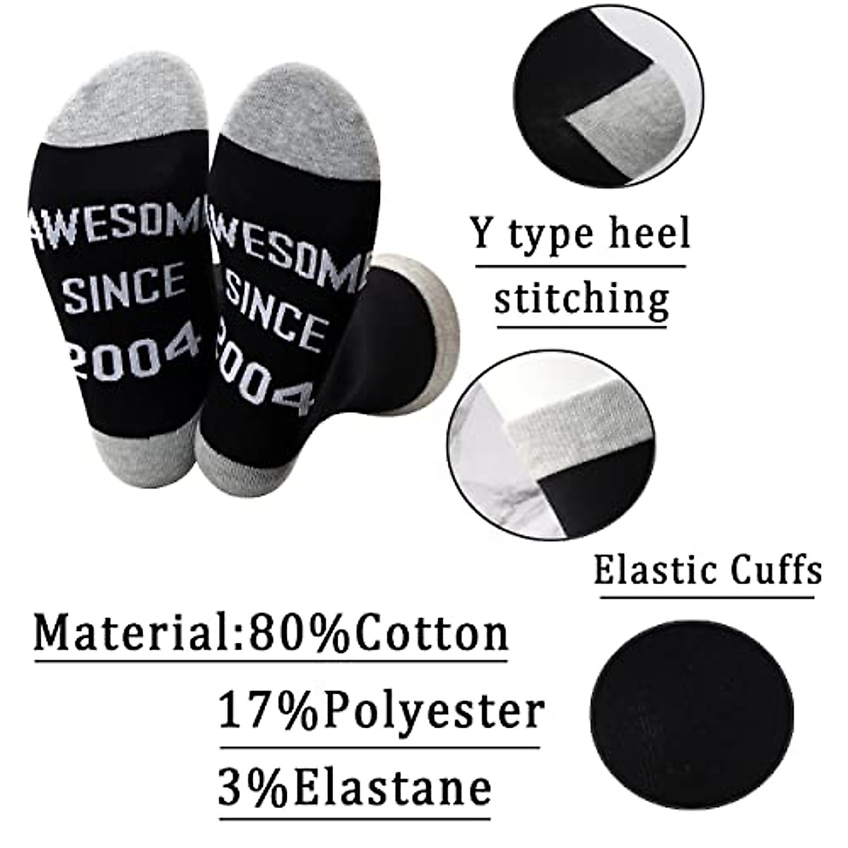 JXGZSO 19 Birthday Socks Awesome Since 2004 Happy Nineteen Birthday Gift 19th gift