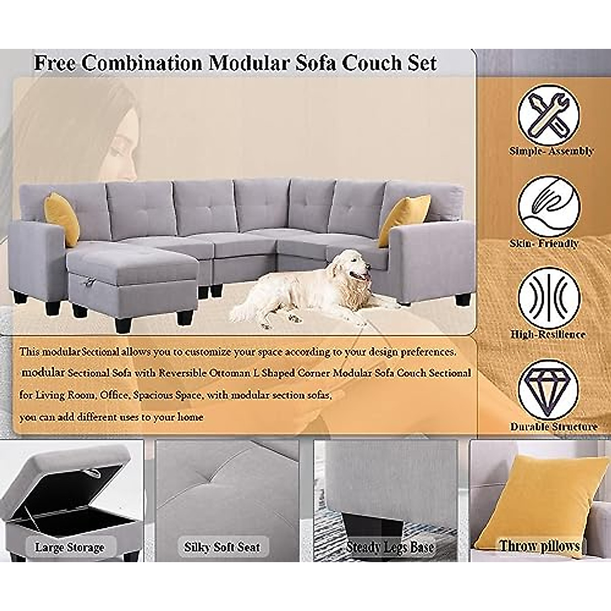 asunflower Modular Sectional Sofa with Storage Ottman 6 Seater Modular Couch Furniture Set for Living Room Velvet Corner Sectional Couch for Home & Office, Small Spaces, Grey