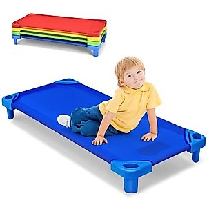 FUTADA Toddler Stackable Naptime Cot, Kids Space Saving Sleeping Bed w/Easy Lift Corner, Easy to Assemble, Children Sleeping Cots Suitable for Preschool Classroom, Daycare, Pack of 4(Multicolor)