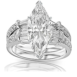 Houston Diamond District 1.58 Carat t.w. GIA Certified Marquise Cut 14K White Gold Baguette And Round Brilliant Engagement Ring Wedding Band Set (I-J Color VS1-VS2 Clarity Center Stones)