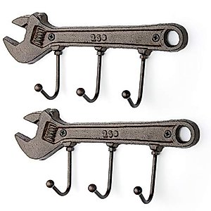 Antique Key Holders, Wrench Triple Wall Hooks, Decorative Vintage Coat Hat Hooks Rack Hangers, Heavy Duty Cast Iron Retro Storage Organizer with Rustic Hooks, Brown, 2 Pack