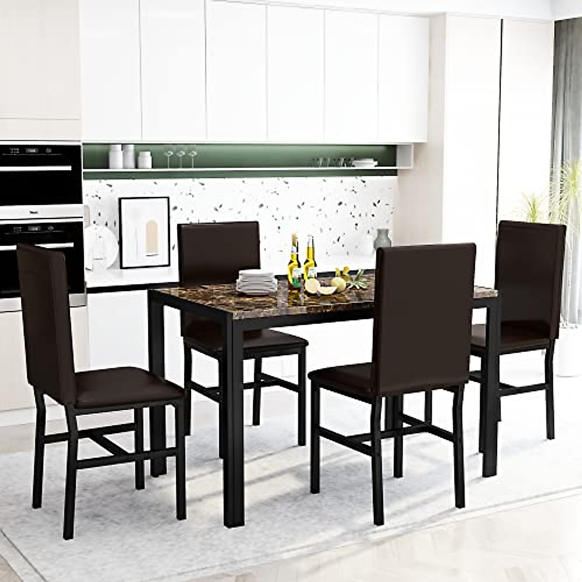 DKLGG Marble Dining Table Set for 4, 5-Piece Faux Marble Kitchen Table and Chairs for 4, Space Saving Dining Room Table Set w/4 Upholstered PU Leather Chairs, Ideal for Dining Room, Kitchen, Corner