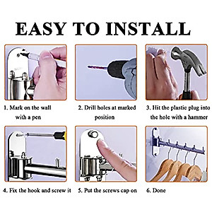 Clothes Hanger Rack Swing Arm, Folding Clothes Hanger Wall Mounted Space Saving Drying Rack, Stainless Steel 304 Laundry Room Valet Hook Holder, Foldable Hanging Hook Rod (Silver)