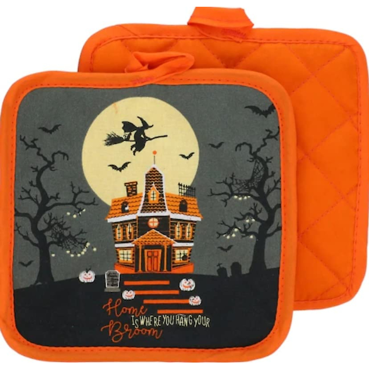 Greenbrier International Halloween 5 Piece Kitchen Linen Set Home is Where You Hang Your Broom, Orange, Black, Yellow, Printed