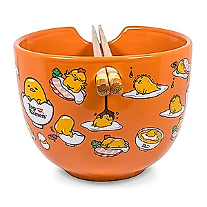Gudetama Japanese Ceramic Dinnerware Set | Includes 20-Ounce Ramen Bowl and Wooden Chopsticks | Asian Food Dish Set For Home Kitchen | Kawaii Anime Gifts, Official Sanrio Lazy Egg Collectible