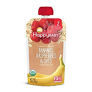 Happy Baby Organics Clearly Crafted Stage 2 Baby Food, Bananas, Raspberries & Oats, 4 Ounce Pouch (Pack of 16) packaging may vary