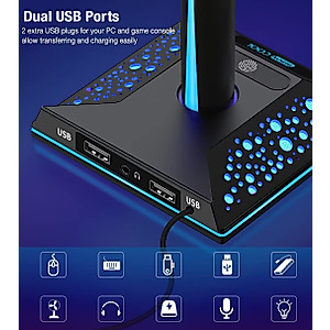 EUROA Headphone Stand Gaming Desk Headset Stand Holder with 10 RGB Lights, Head Set Desk Hook Gift Accessories for Gamer, Backpack Gaming Headpones Stand with 2 USB Charing Ports