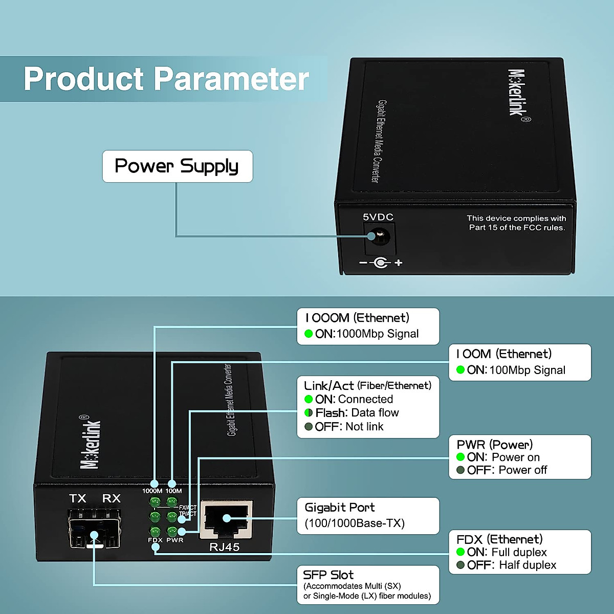 MokerLink Gigabit SFP to RJ45 Converter, Fiber to Ethernet Media Converter, 10/100/1000Mbps RJ45 Port, 1000Base-SX/LX SFP Slot, Support MiniGBIC Module
