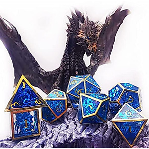 HAOMEJA Hollow Metal + Resin Dragons Dice Set DND 7 Set Dice Role Playing Dice D&D Dungeons and Dragons (Blue)