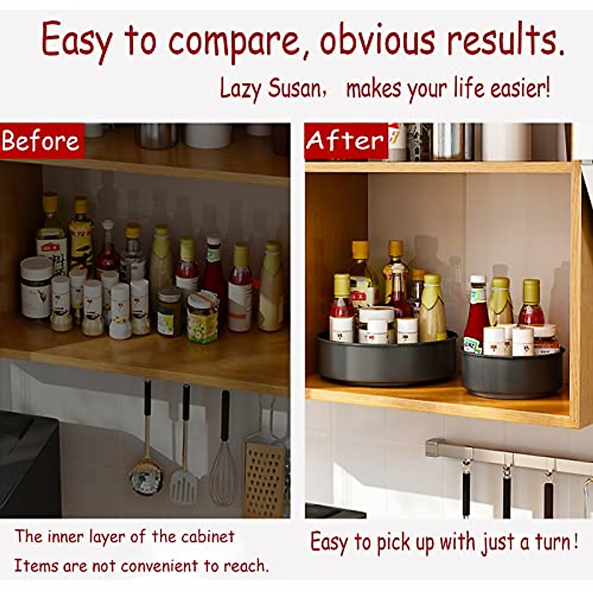 2 Pack Lazy Susan Organizers, Stainless Metal Sturdy Spice Rack with Turntable, Rotate Lazy Susan Seasoning Rack for Kitchen Pantry Cabinet Fridge Table Bathroom （10&8 Inch） Black