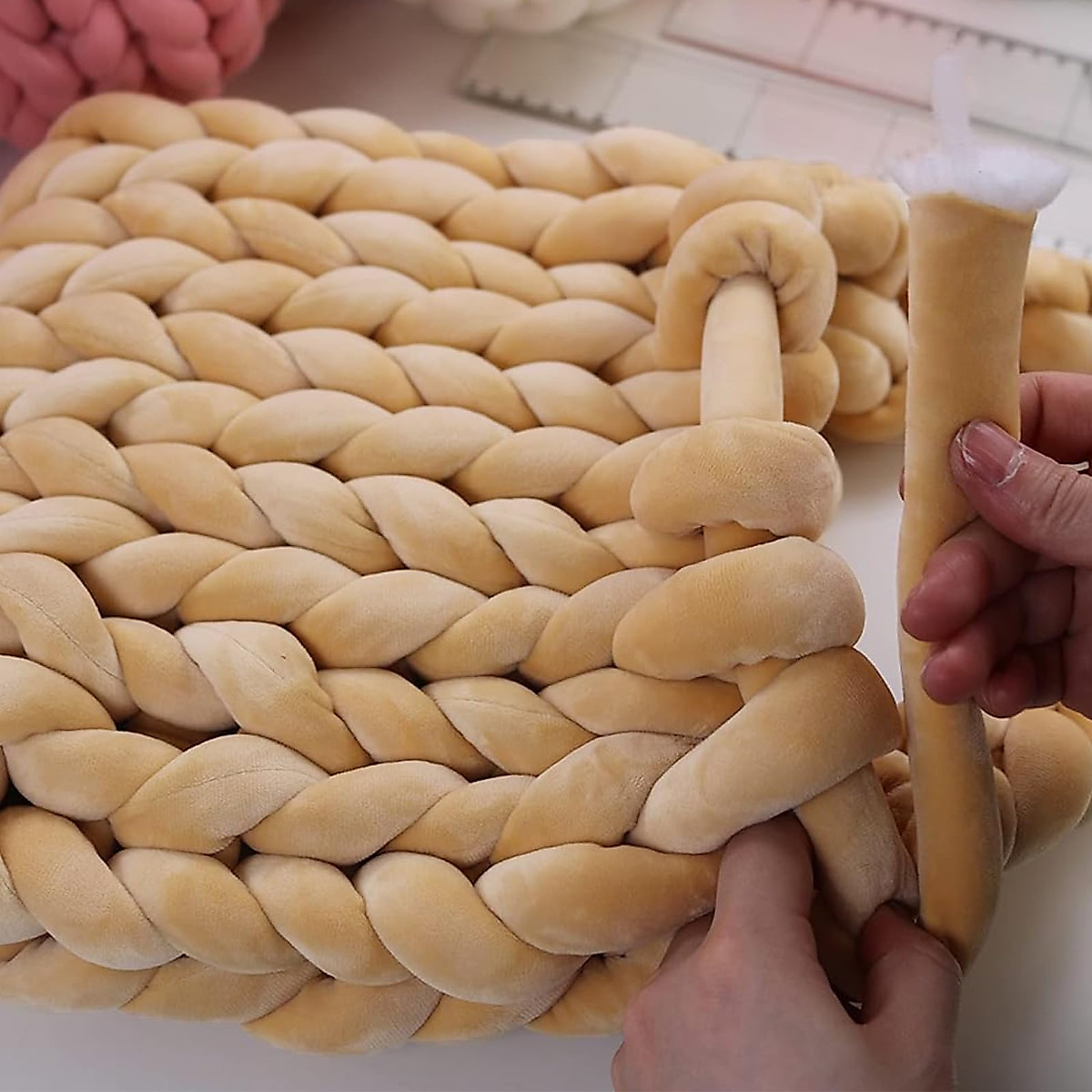 Super Soft Velvet Bulky Tube Yarn for Hand Knitting Blanket for Braided Knot, Giant Arm Knitting Yarn for Knitting Throw Rugs Pillow(Khaki 0.55lb)