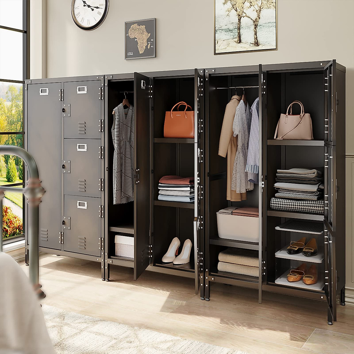 MIIIKO Steel Wardrobe Cabinet Locker, Rustic Metal Storage Cabinet with Shelf, Lockable Doors and Hanging Rod, Industrial Locker Cabinet for Living Room, Bedroom, Home Office and Club