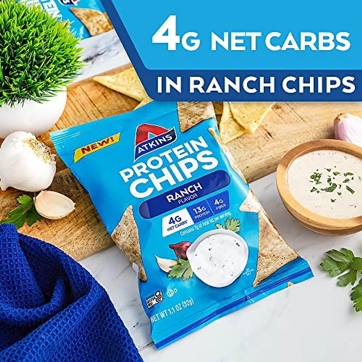 Atkins Ranch Protein Chips, 4g Net Carbs, 13g Protein, Gluten Free, Low Glycemic, Keto Friendly, 12 Count