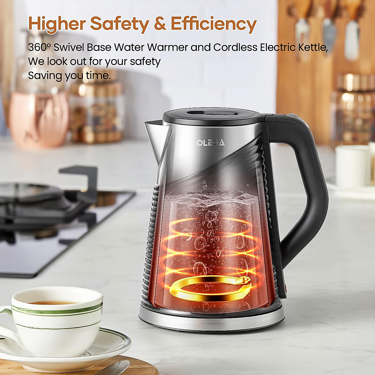 OLEGA Electric Kettle - 1500W Fast Boiling Electric Tea Kettle 1.8L BPA-Free Stainless Steel Hot Water Kettle Electric for Boiling Water Auto Shut Off Electric Water Kettle for Coffee Tea 120V