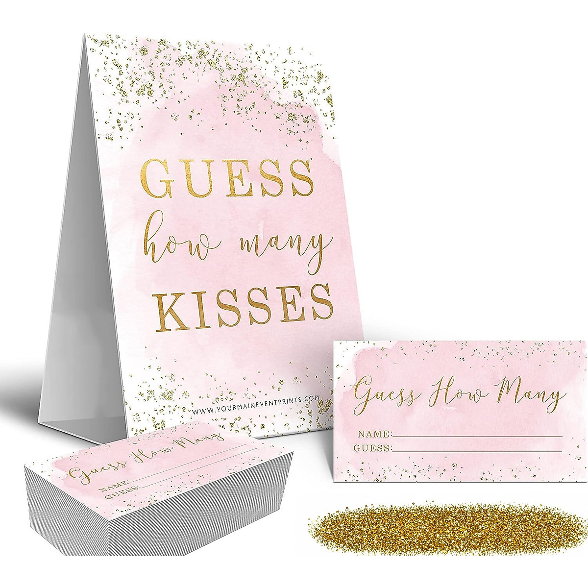 Your Main Event Prints Pink and Gold How Many Kisses Game Sign - Guess How Many - Perfect for Bridal Showers and Weddings - 1 Self-Standing Sign and 50 Guessing Cards