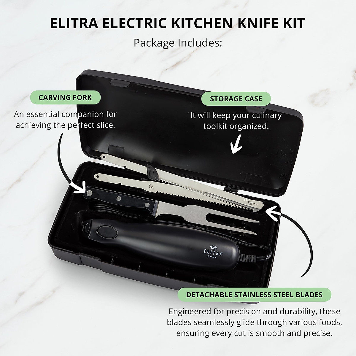 ELITRA HOME Professional Grade Electric Knife | Easy Slice Electric Kitchen Knife For Carving Meats, Bread, Turkey, and More | Stainless Steel Serrated Blade, Carving Fork, and Storage Case