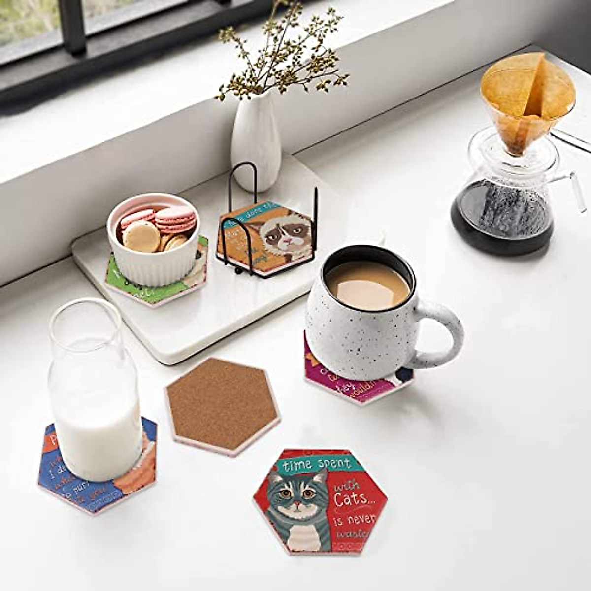ONENAX Drink Coaster with Holder, 7 Pcs Set Beverage Coaster, Cat Pattern Hexagon Style Coaster for Tabletop Protection, Ceramic Top and Cork Backing. Gift Idea