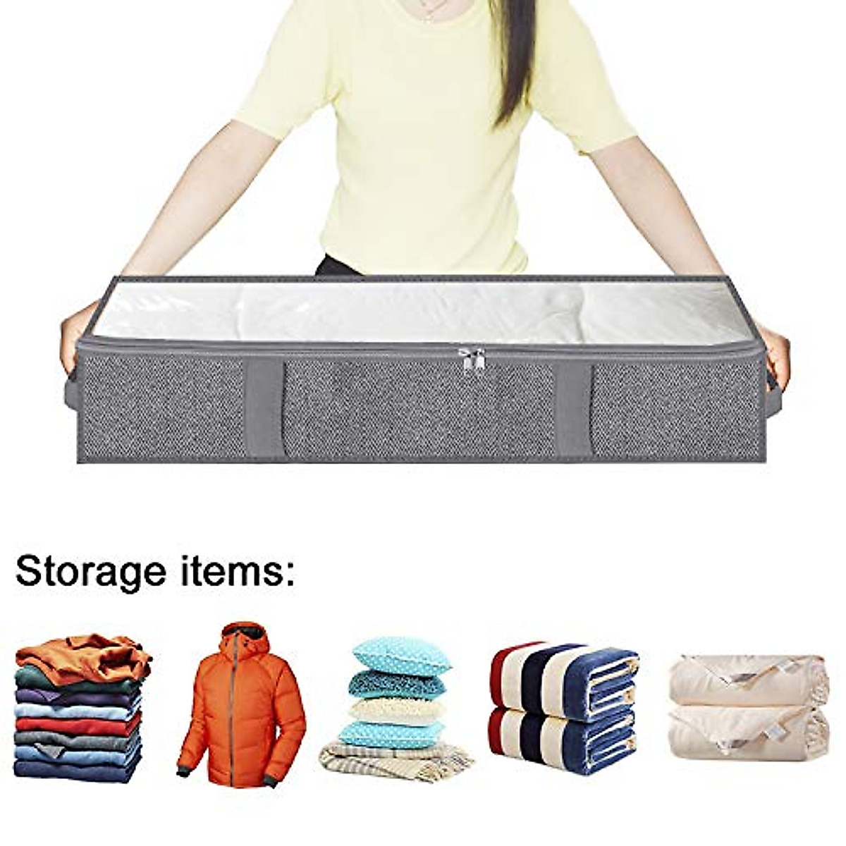 Under the Bed Storage Bags Container,Foldable Large Capacity Underbed Bins Organizer with 4 Strong Handles,2 Sturdy Zippers and Clear Window for Blanket Comforter Clothing Bedding