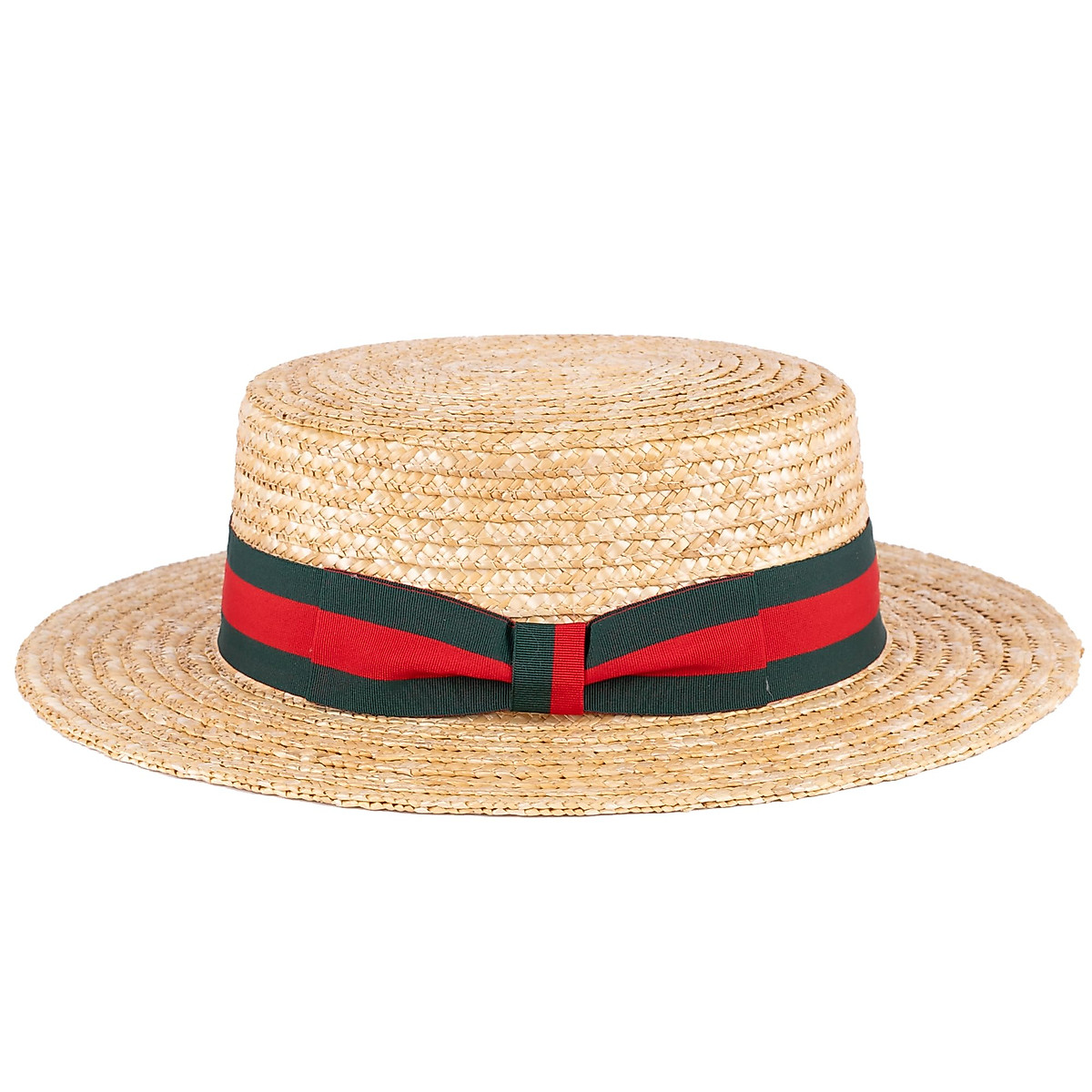 ZAKIRA Classic Straw Boater Hat Handmade from Natural Straw (Green-Red Band, M)
