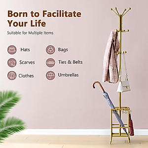 Hoctieon Coat Rack Freestanding, Coat Hanger Stand,Umbrella Holder, Hall Tree With 12 Hooks, Standing Coat Rack,Floor Standing Metal Umbrella Tree Stand, Gold