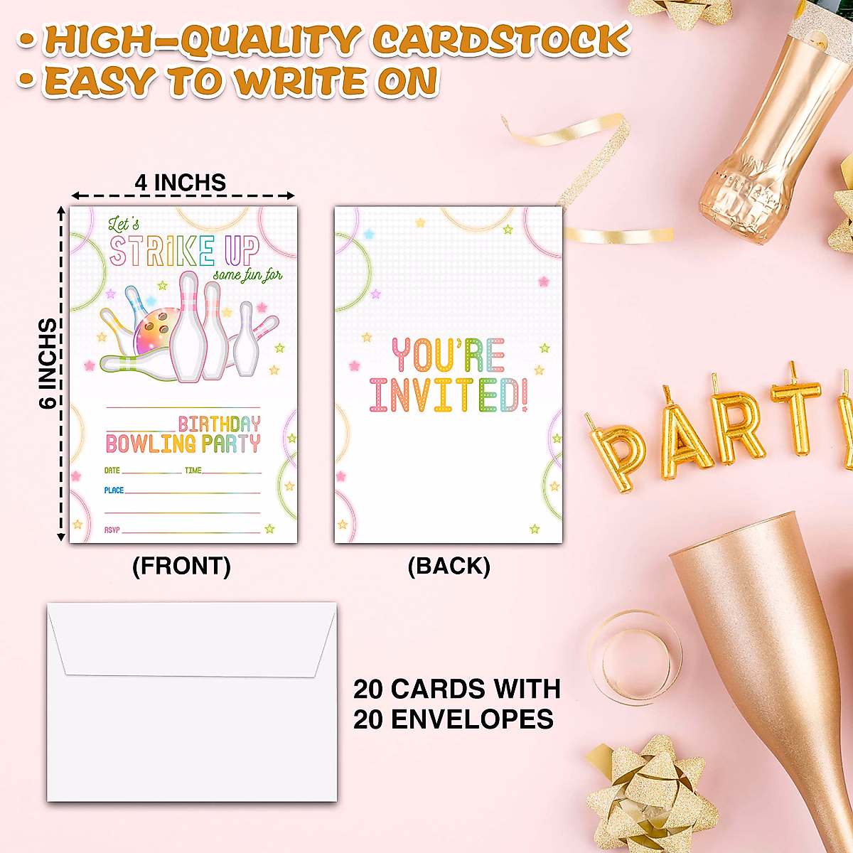 Chuxvon Bowling Birthday Party Invitations, Strike Up Birthday Invitation, Double-Sided Neon Glow Themed Fill In Invites, Kids Glow Bowling Birthday Party Decorations, 20 Cards With 20 Envelopes(C07)