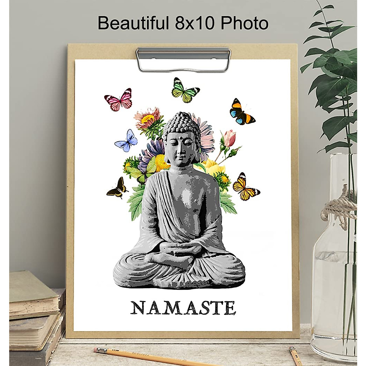 Namaste Buddhism Buddha Statue Wall Art Print - 8x10 Photo, Home Decor, Meditation Room, Spa or Yoga Studio Decoration - Boho Zen New Age Gift - Unframed Butterfly Poster Picture