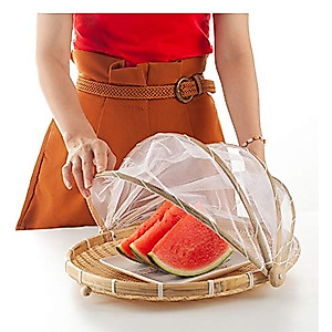 BAUHUS Round Bamboo Serving Food Tent Basket Picnic Basket Fruit Basket with net Cover Insect Proof, S