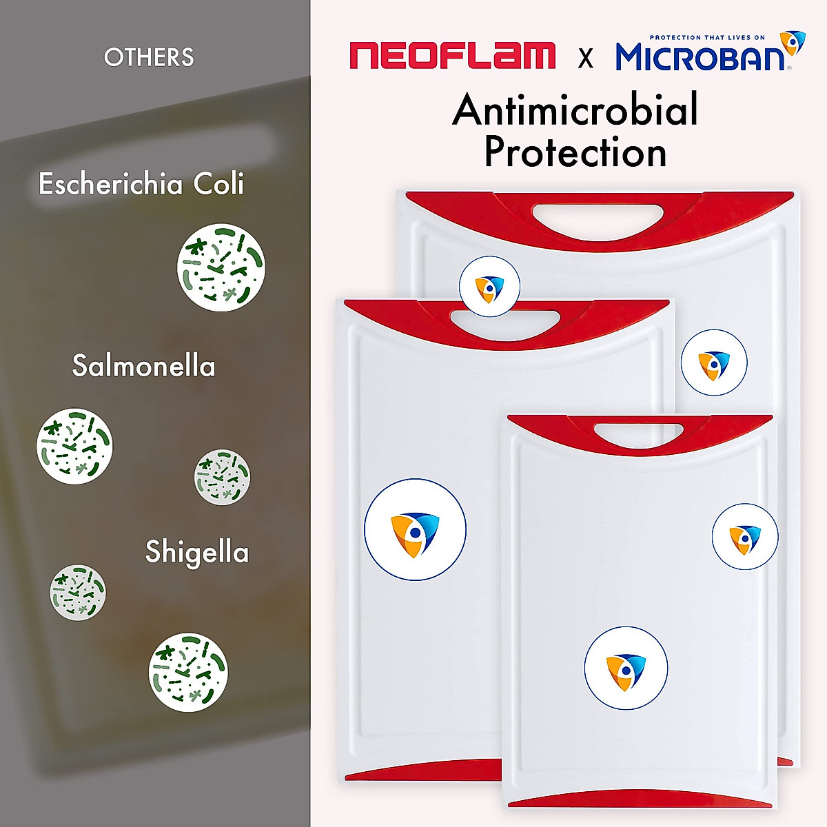 Neoflam Microban Kitchen Essentials 3pc Cutting Board Set & Microban Protection, 17.5'', 14.5'', 11.5'' Extra Large, Stain & Odor, BPA Free, Juice Groove, Non Slip, Dishwasher Safe, Set/Red