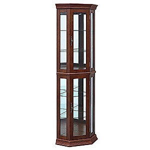 BELLEZE Lighted Wooden Corner Display Curio Cabinet, Two Section Shelving Unit with Tempered Glass Door, Bar and Liquor Storage Area with 6 Shelves - Lorona (Walnut)
