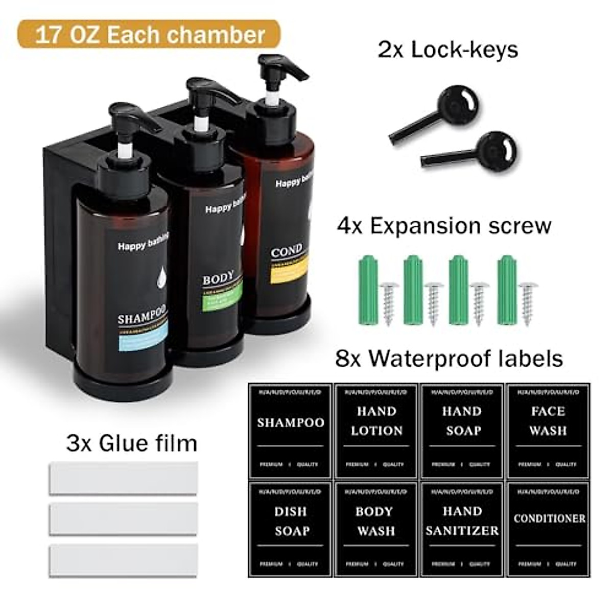 FANYX Shampoo and Conditioner Dispenser Wall Mount Set, Shower Dispenser 3 Chamber No Drill,17 Oz Refillable Shower Soap Dispenser Wall Mounted for Bathroom (Amber)