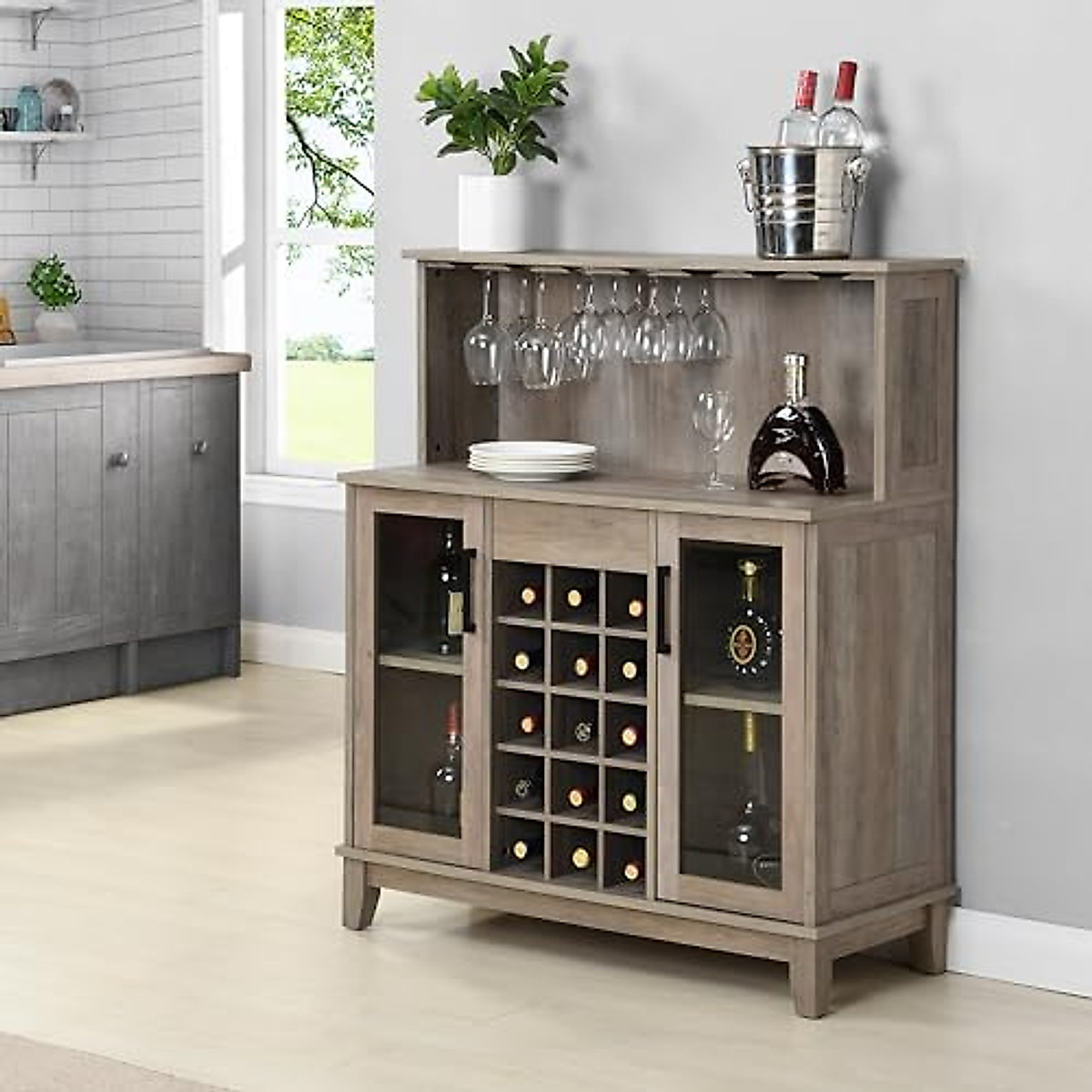 Home Source 44.5" Bar Cabinet with Wine Rack,Coffee Bar Table and Microwave Station Cabinet for Home,Sideboard Buffet Cabinet with Storage for Dining Room,Kitchen,Concrete (Grey wash)
