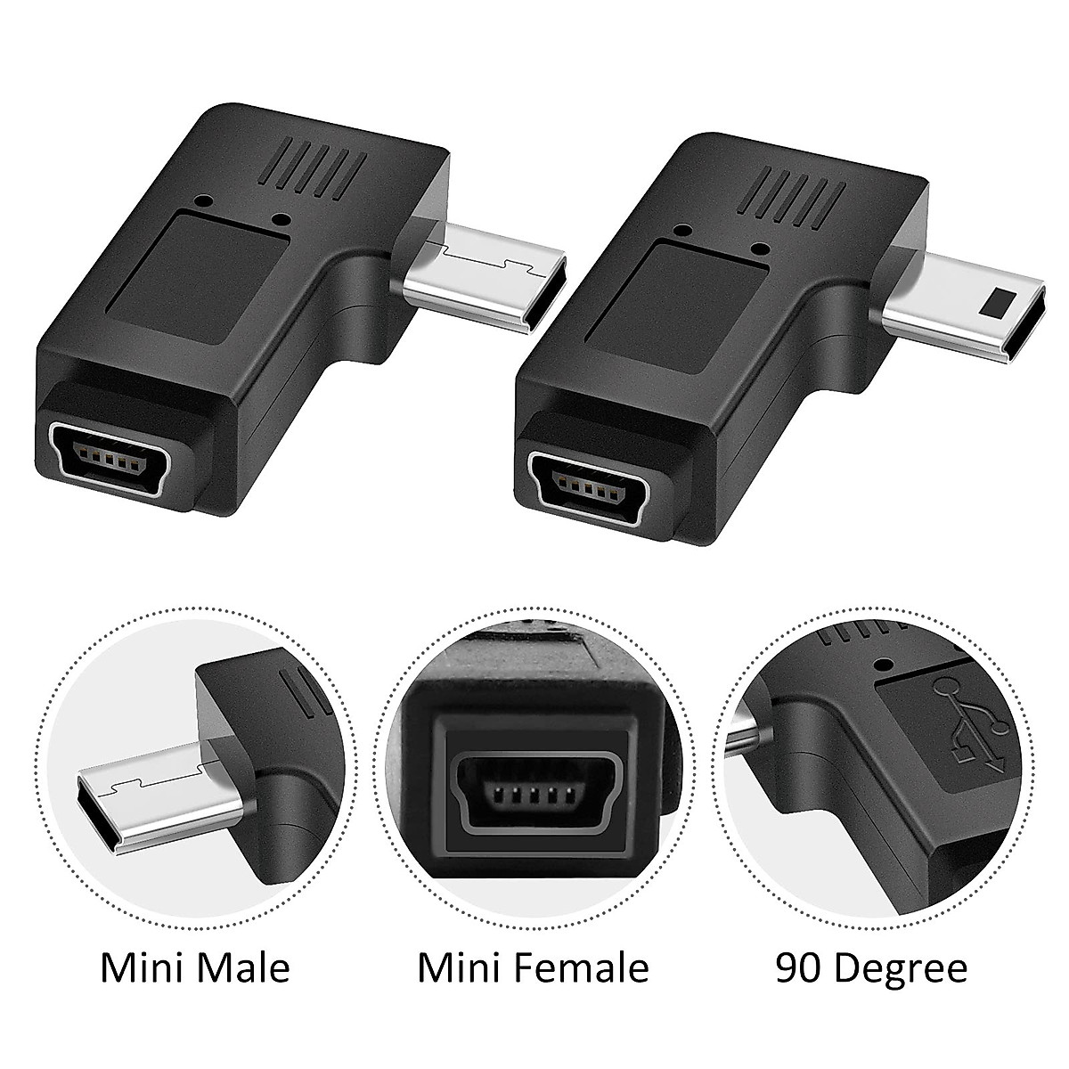UCEC USB 2.0 Adapter Plug, Mini USB to Mini USB, Left and Right Angle Mini to Mini - Male to Female - Pack of 2