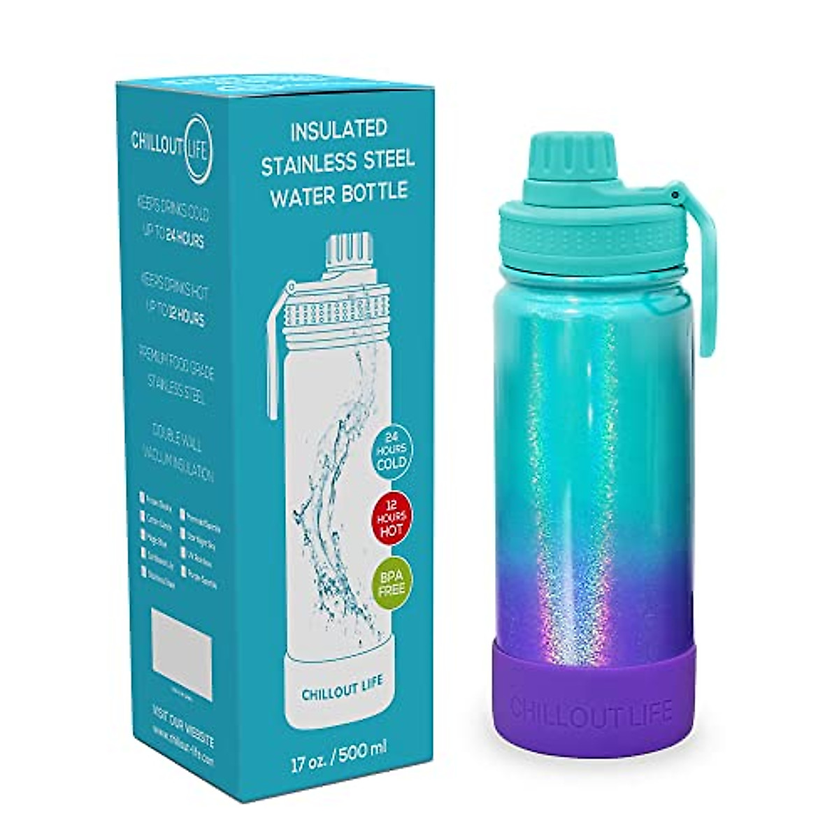 CHILLOUT LIFE 17 oz Kids Insulated Water Bottle for School with Leakproof Spout Lid and Cute Waterproof Stickers, Personalized Stainless Steel Thermos Flask Metal Water Bottle for Girls & Boys