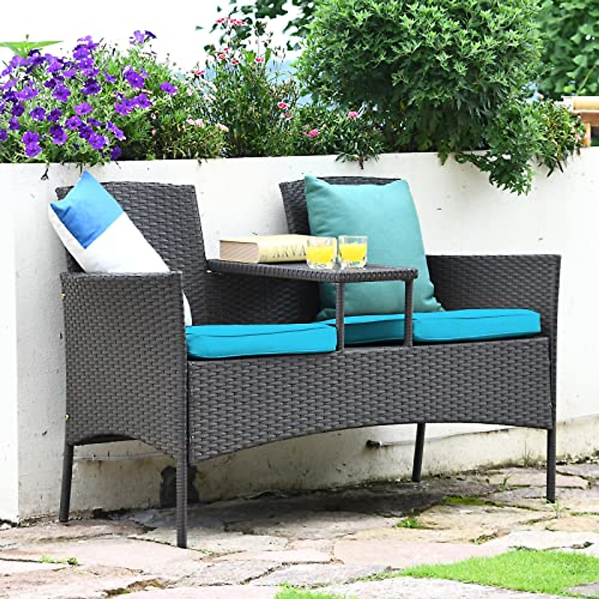 Tangkula Outdoor Rattan Loveseat, Patio Conversation Set with Cushions & Table, Modern Patio Furniture Set Wicker Sofa Set with Built-in Coffee Table, Rattan Sofas for Garden Lawn Backyard