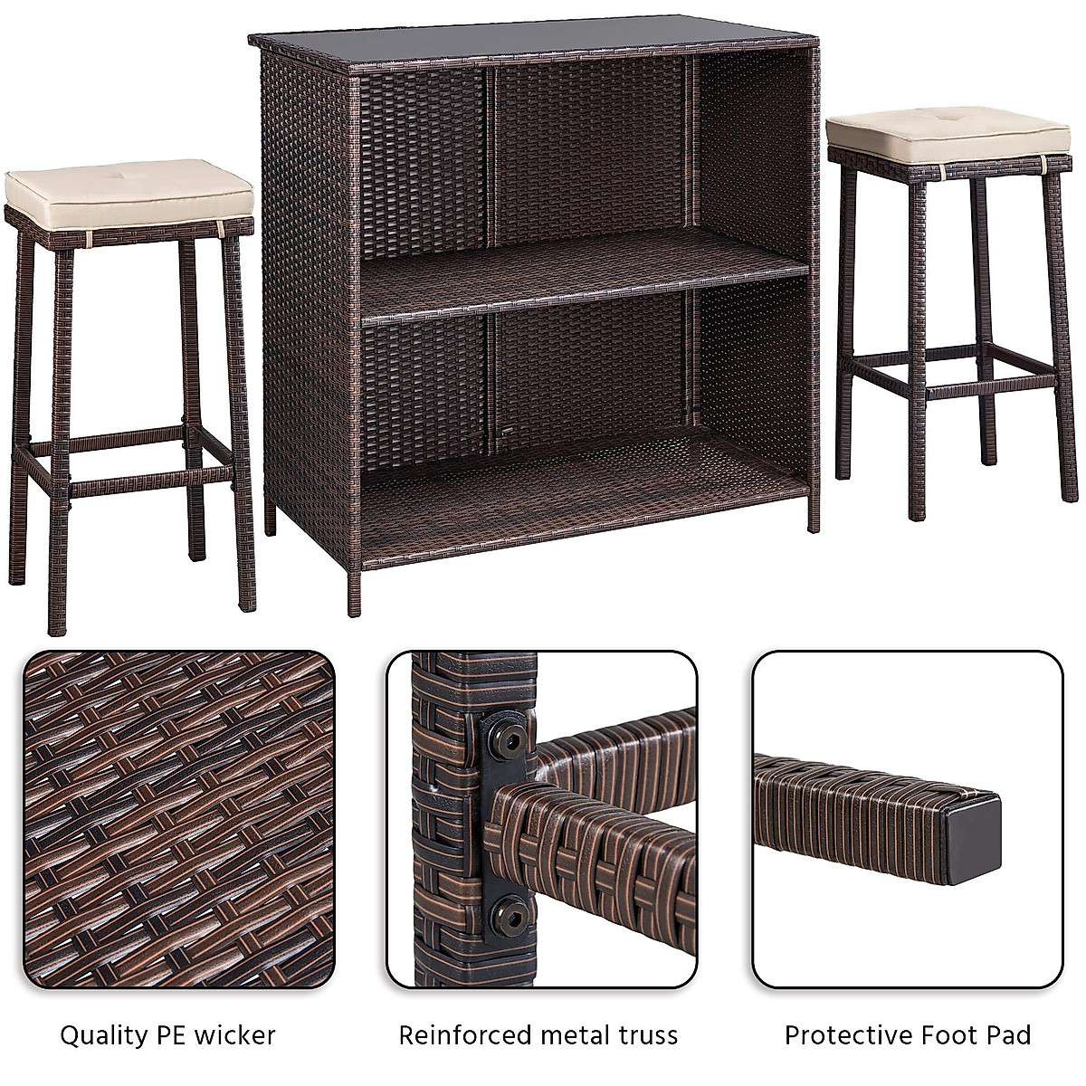 Yaheetech 3pcs Patio Bar Set, Outdoor Wicker Bar Furniture with 2 Storage Shelves, Glass Top Table, Removable Cushions and Two Stools for Backyards, Porches, Gardens or Poolside