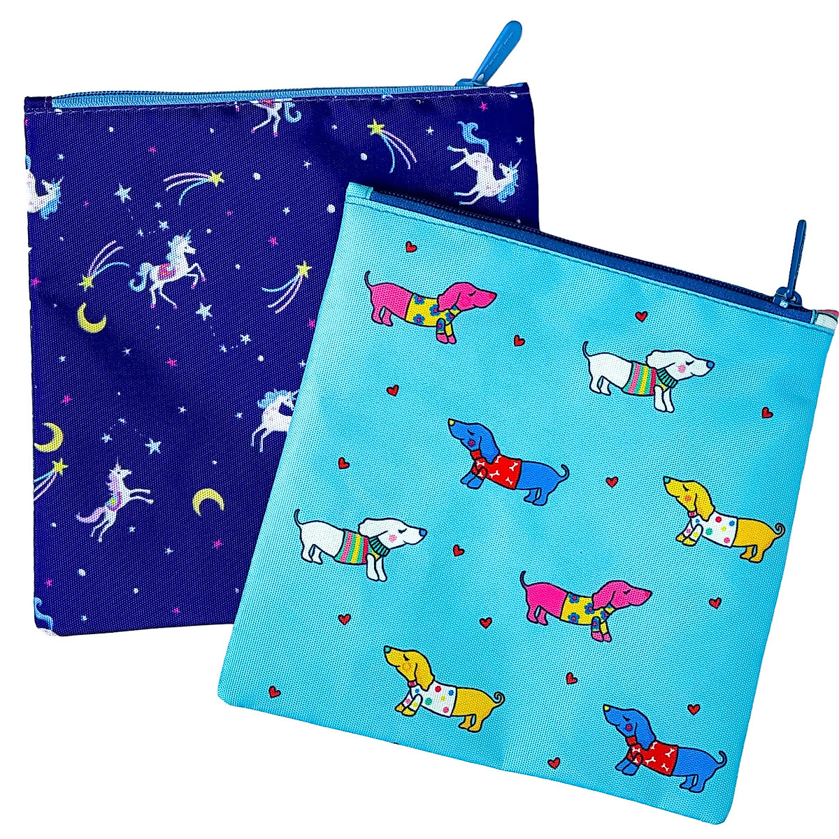 Yumbox Reusable Fabric Sandwich and Snack Bags (Set of 2 Unicorns and Cute Dog prints) for toddlers and kids' lunches. Zip Closure, Wide Opening, Washable, Food Safe, BPA Free, large 8x8 in.