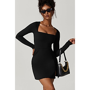 QINSEN Women's Plus Size Square Neck Bodice Dress High Waist Casual Short Dress Black XL