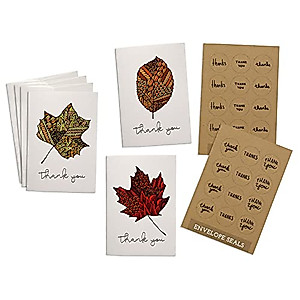 Autumn Leaves Zentangle Fall Thank You Cards - 24 Cards & Envelopes & Kraft Sticker Seals